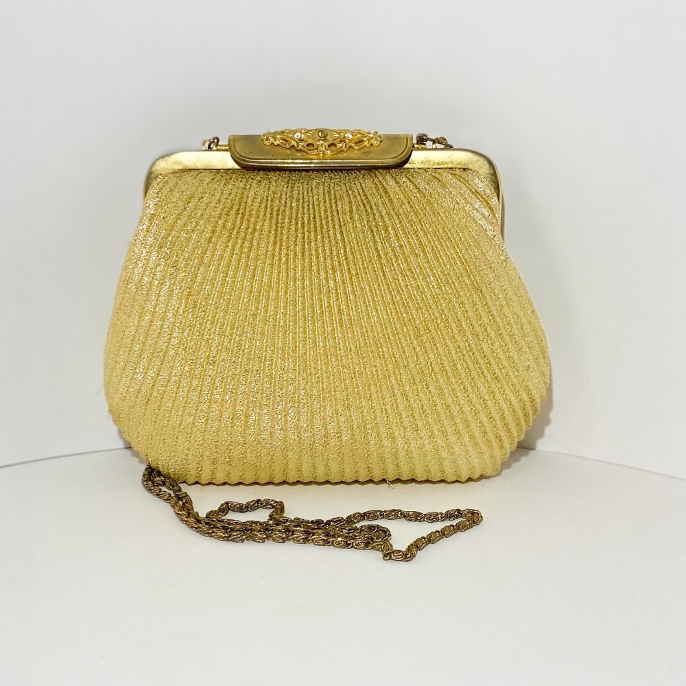 Vintage Gold Pleated Clutch With Shoulder Chain - Gem